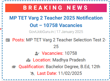 MP TET Varg 2 Teacher 2025 Notification Out - 10758 Vacancies (Re Open)