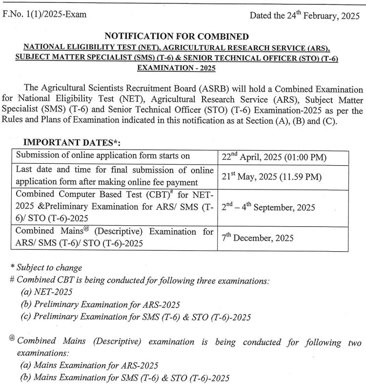 ASRB NET 2025 - Notification, Application For, Exam Date