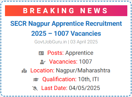 SECR Nagpur Apprentice Recruitment 2025 - 1007 Vacancies