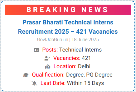 Prasar Bharati Technical Interns Recruitment 2025 - 421 Vacancies