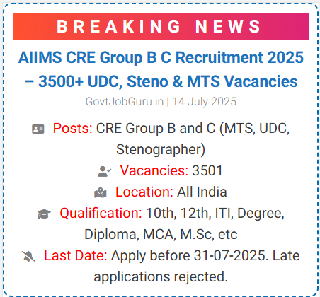 AIIMS CRE Group B C Recruitment 2025 - 3500+ UDC, Steno & MTS Vacancies