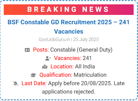 BSF Constable GD Recruitment 2025 - 241 Vacancies
