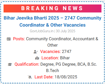 Bihar Jeevika Bharti 2025 - 2747 Community Coordinator & Other Vacancies (Last Date Extended)