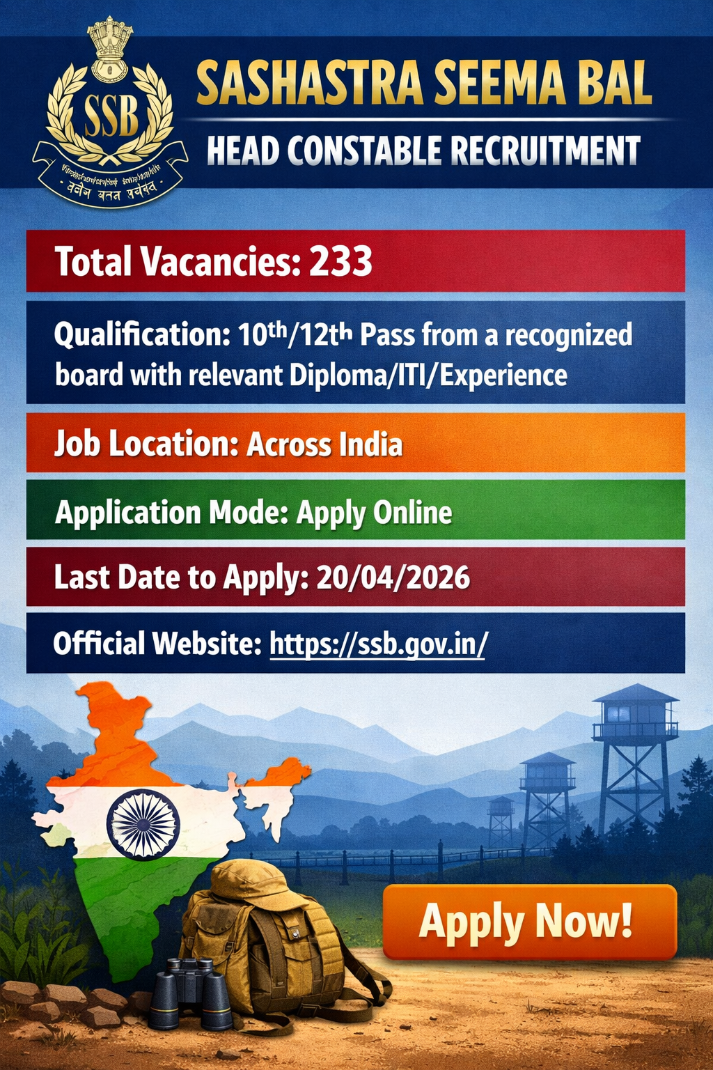 SSB Head Constable Recruitment 2026 - Apply Online for 233 Posts (Last ...