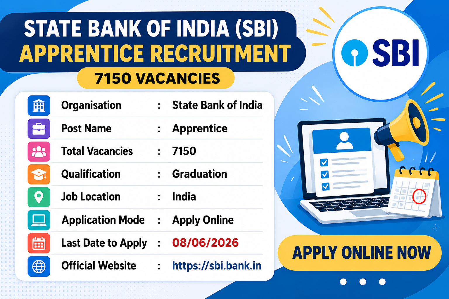 SBI Apprentice Recruitment 2026 - Apply Online for 7150 Posts