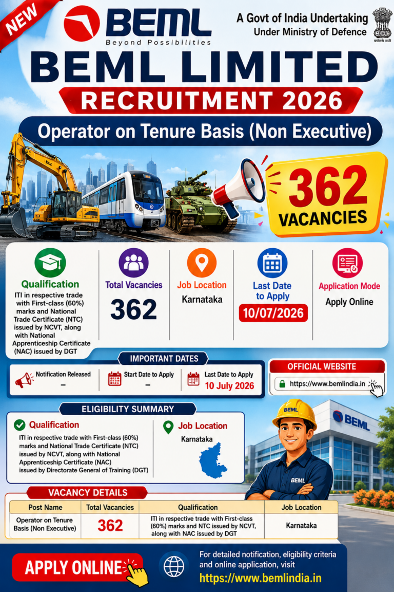 BEML Operator Recruitment 2026 - Apply Online for 362 Non Executive Posts