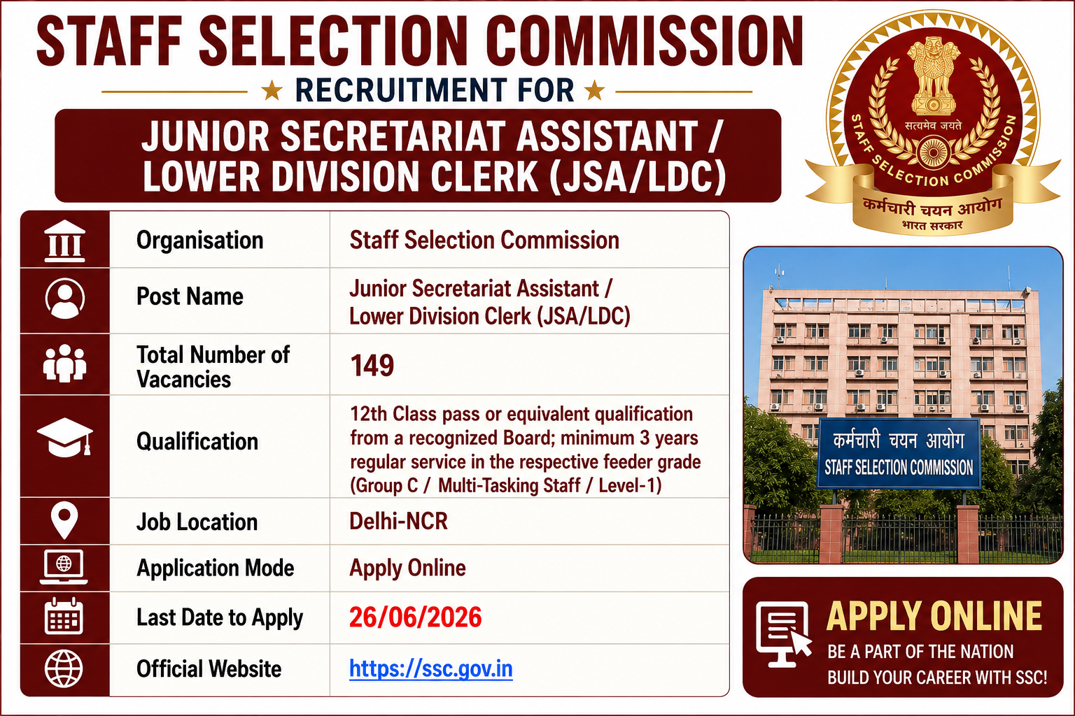 SSC JSA LDC Recruitment 2026 - Apply Online for 149 Posts